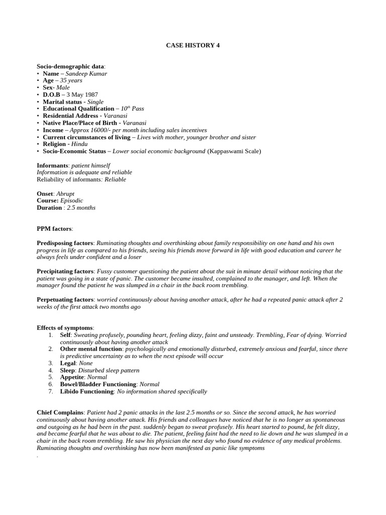 Case 4 Panic Attack Disorder Complete Pdf Anxiety Psychotherapy