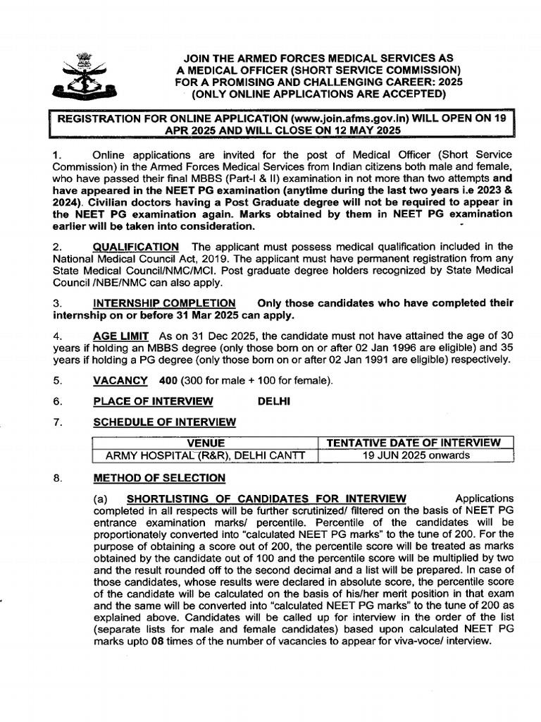 AFMS Medical Officer Recruitment 2025 Notification | PDF