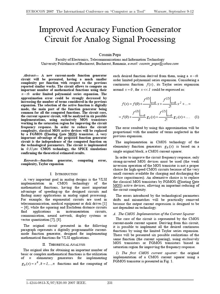 Improved Accuracy Function Generator Circuit for Analog Signal Processing | PDF | Algorithms ...