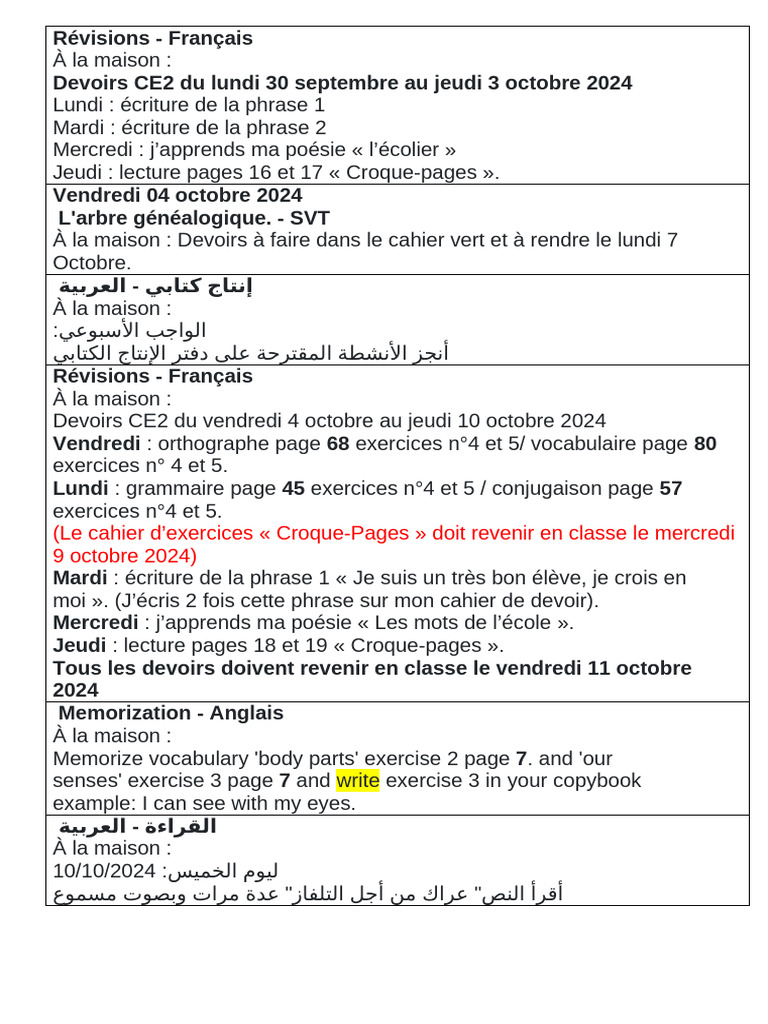 Devoirs CE2 du 30 sept au 10 oct 2024 | PDF