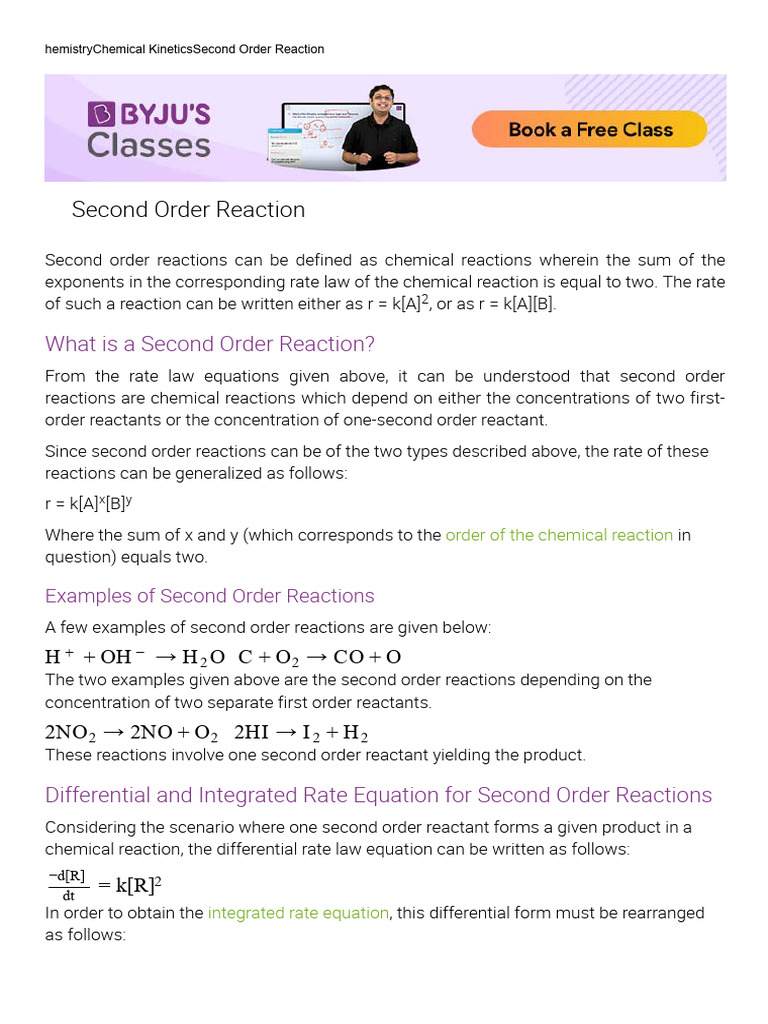 Second Order Reaction - Definition and Derivation For Rate Law and Half ...