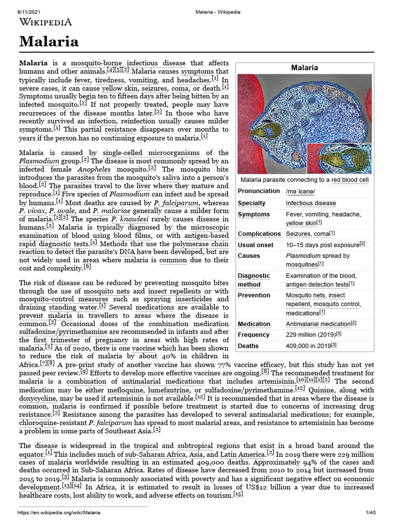 Malaria - Wikipedia | PDF | Malaria | Plasmodium Falciparum