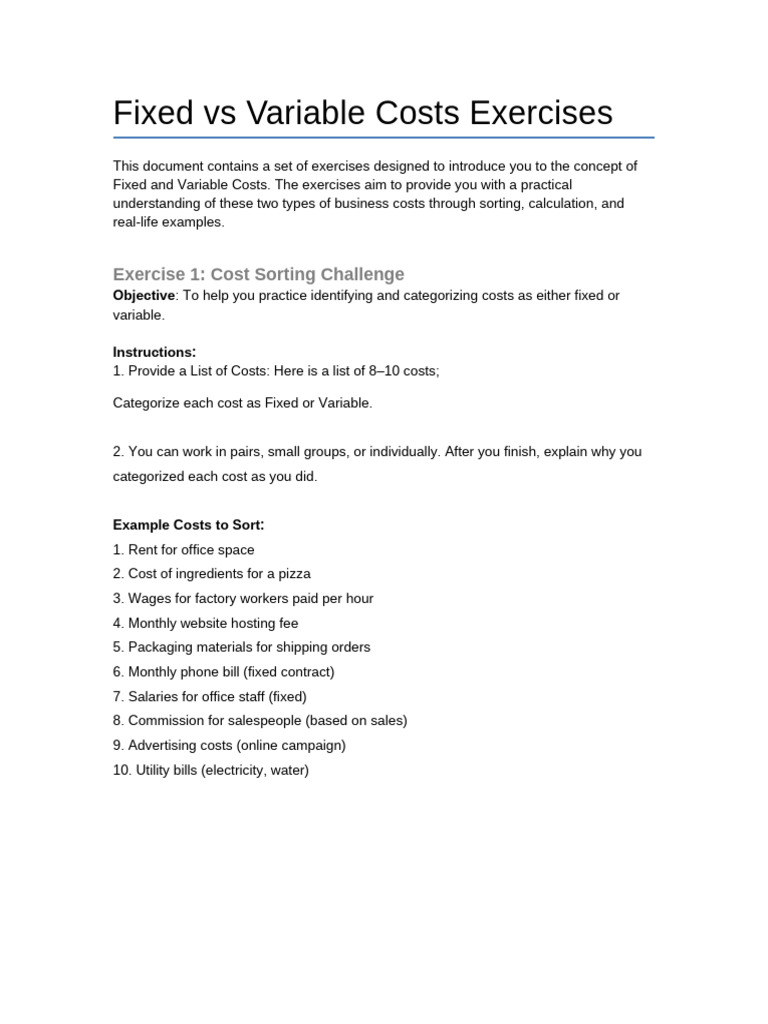 Student Fixed - Vs - Variable - Costs - Exercises | PDF
