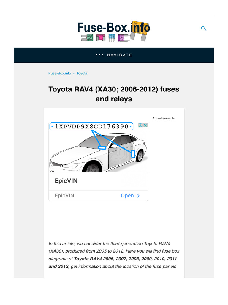 Fuse Box Diagram Toyota RAV4 (XA30 2006-2012) | PDF | Anti Lock Braking System | Fuel Injection
