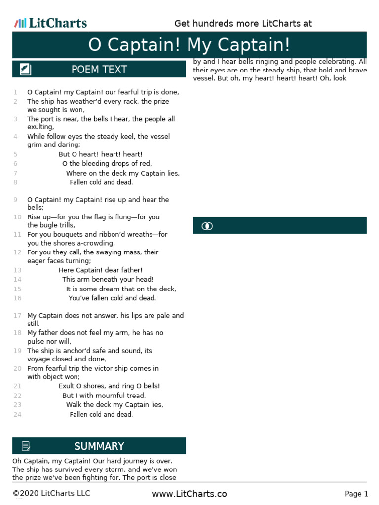 O Captain My Captain LitChart | PDF | Poetry | Grief