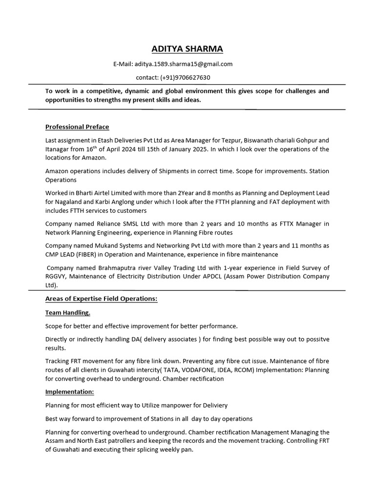 Aditya Sharma's Professional Resume | PDF | Fiber To The X | Computing