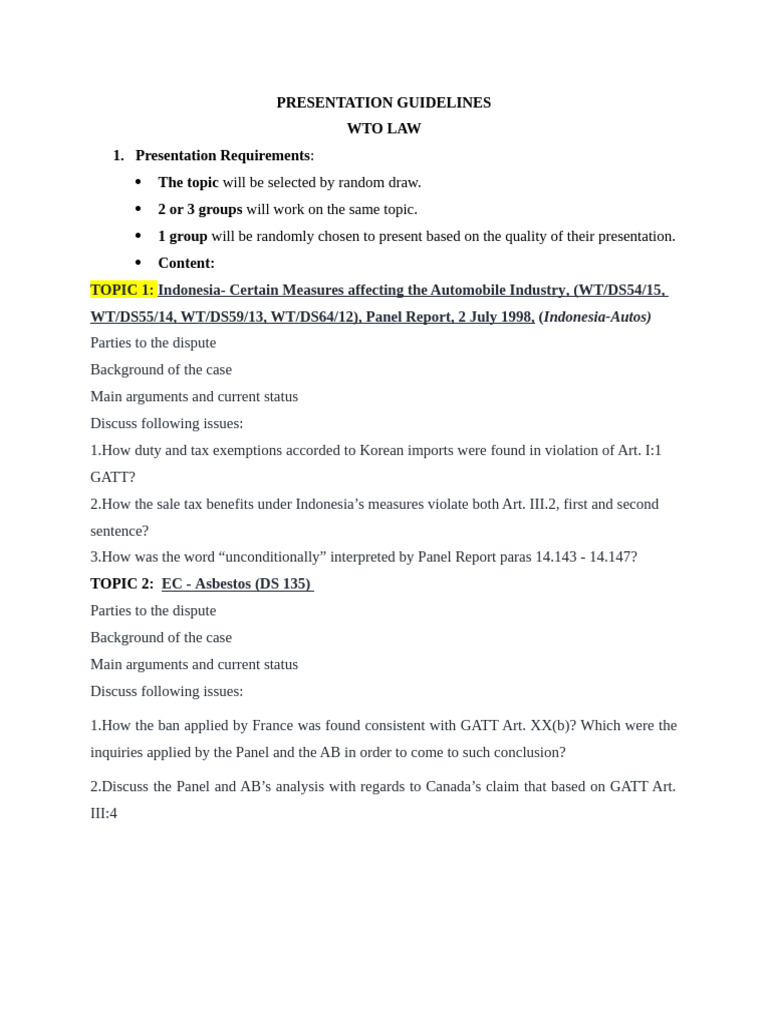 WTO Law Presentation Guidelines | PDF | World Trade Organization ...