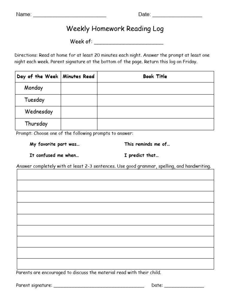Izabella Dye (STUDENT) - Weekly Homework Reading Log | PDF