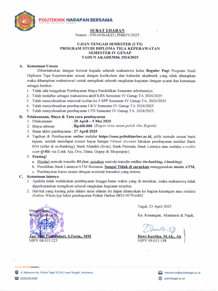 Surat Edaran UTS D3 Keperawatan SMSTR 4 TA 2024-2025 Genap | PDF