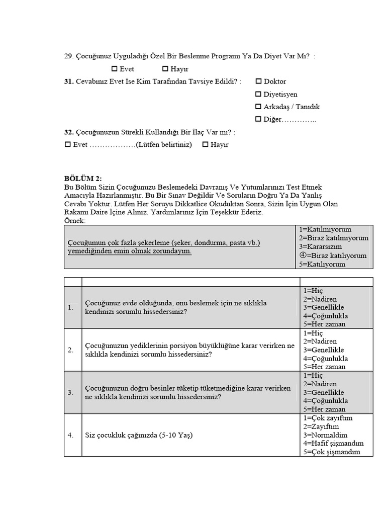 Çocuk Besleme Anketi̇ (Child Feeding Questionnaire-Cfq) (6-12) | PDF