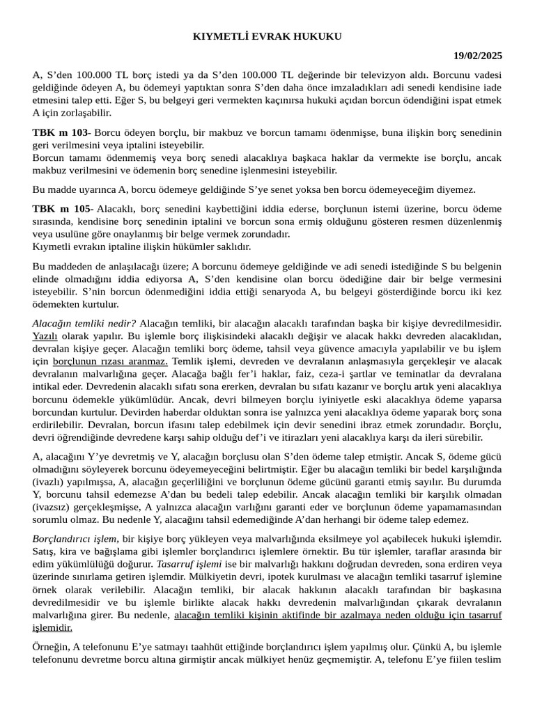 KIYMETLİ EVRAK HUKUKU | PDF