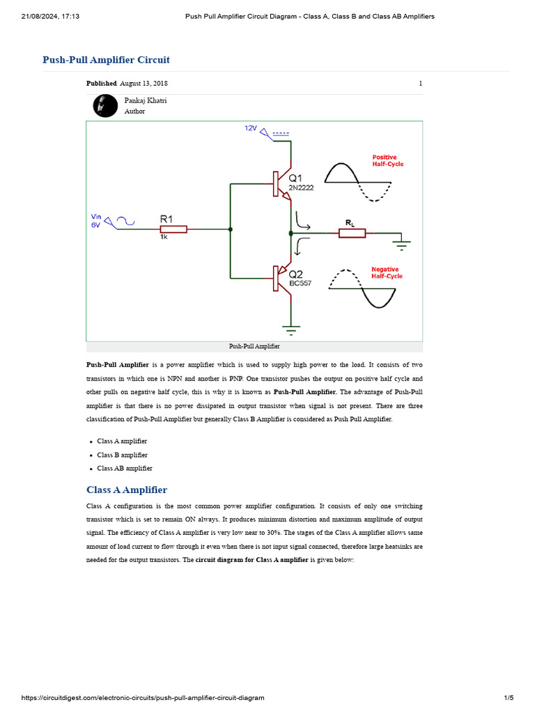 Push Pull Amplifier Circuit Diagram - Class A, Class B and Class AB Amplifiers | PDF | Amplifier ...