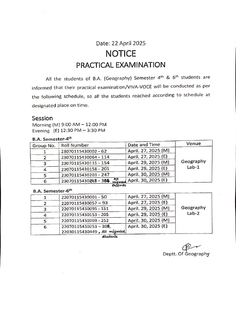 Practical Notice 4th and 6th Sem | PDF