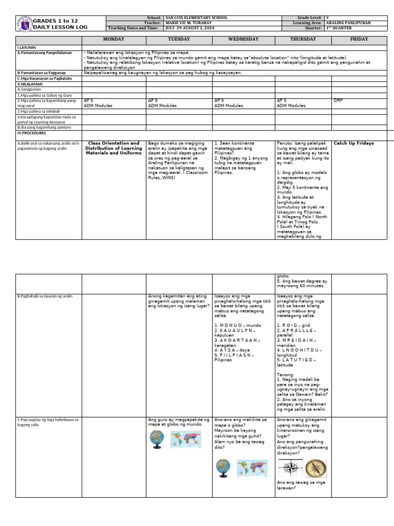 Monday Tuesday Wednesday Thursday Friday: GRADES 1 To 12 Daily Lesson ...