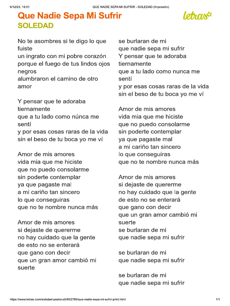 QUE NADIE SEPA MI SUFRIR - SOLEDAD (Impresión) | PDF