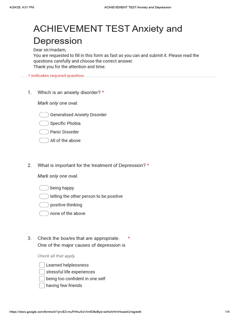 ACHIEVEMENT TEST Anxiety and Depression - Google Forms | PDF | Anxiety ...