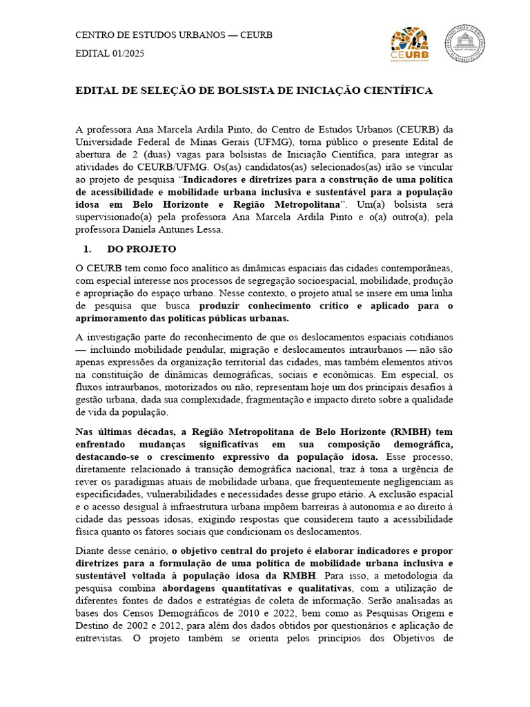 Bolsa IC_ CEURB_UFMG_2025.docx | PDF | Science | Sociologia