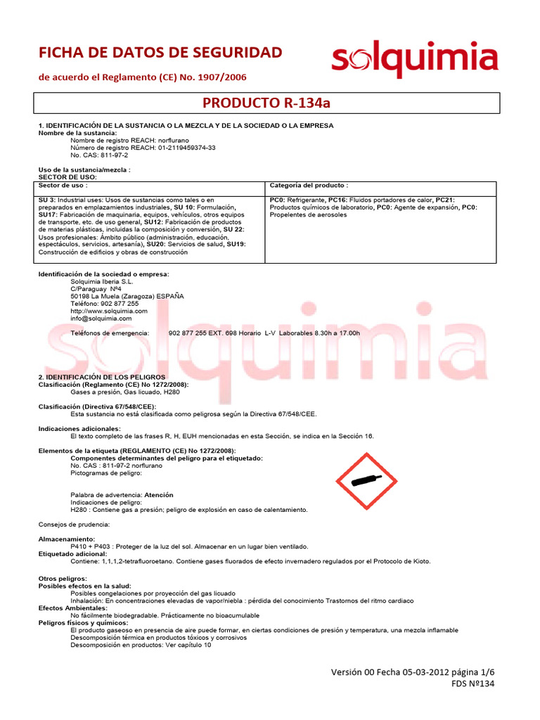 Ficha de Seguridad del R-134a (Norflurano) | PDF | Gases | Agua