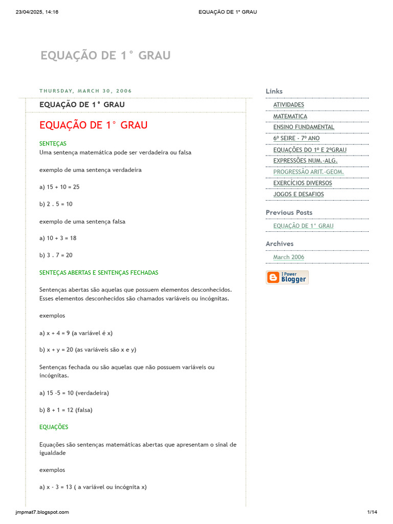 EQUAÇÃO DE 1° GRAU JMP Mat 01 | PDF | Equações | Conceitos matemáticos