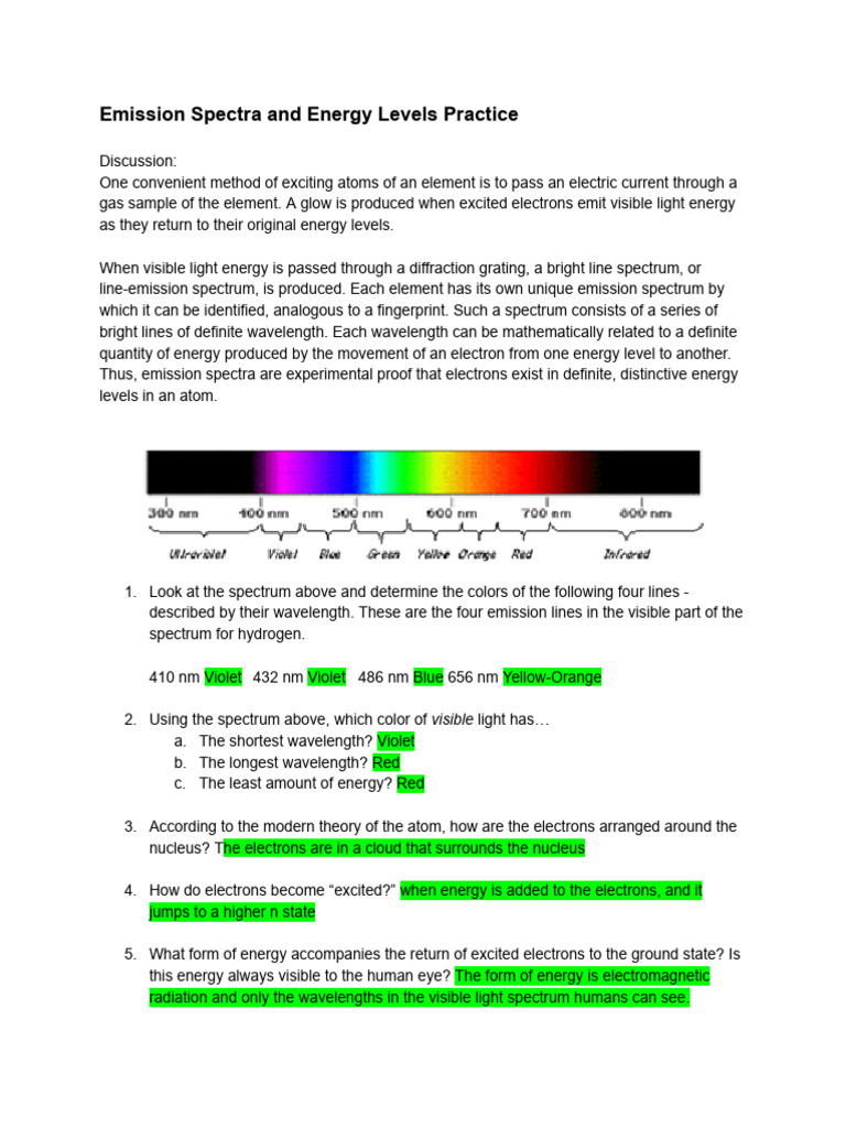 Emission Spectra and Energy Levels Guide | PDF | Emission Spectrum ...