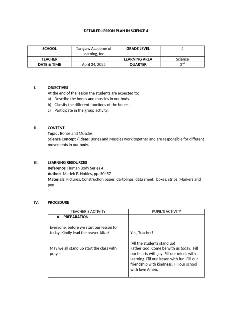 Science Lesson Plan: Bones and Muscles | PDF | Muscle | Skeleton