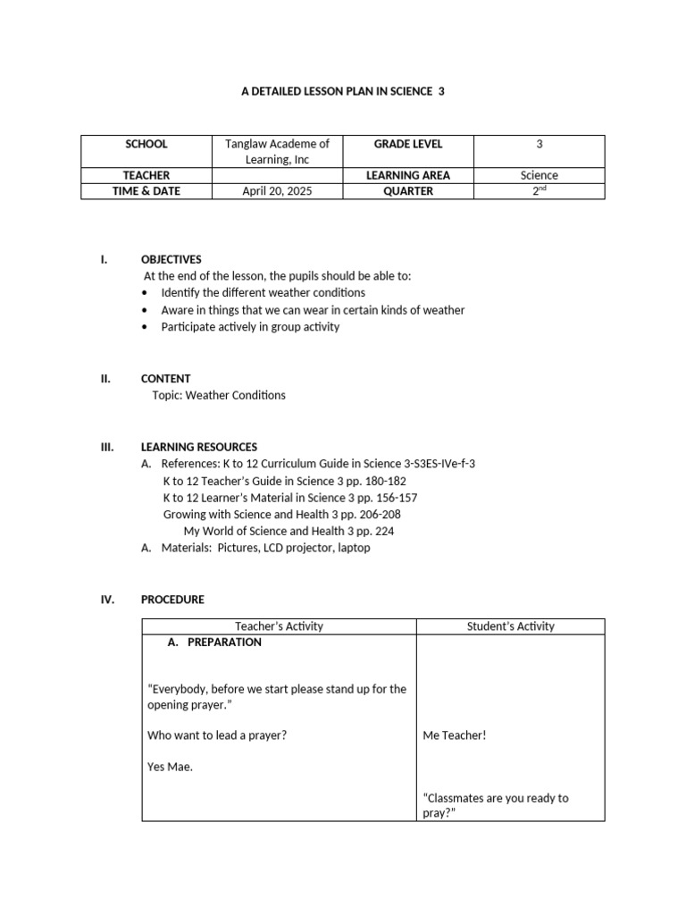A Detailed Lesson Plan in Science 3 | PDF | Sky | Cloud