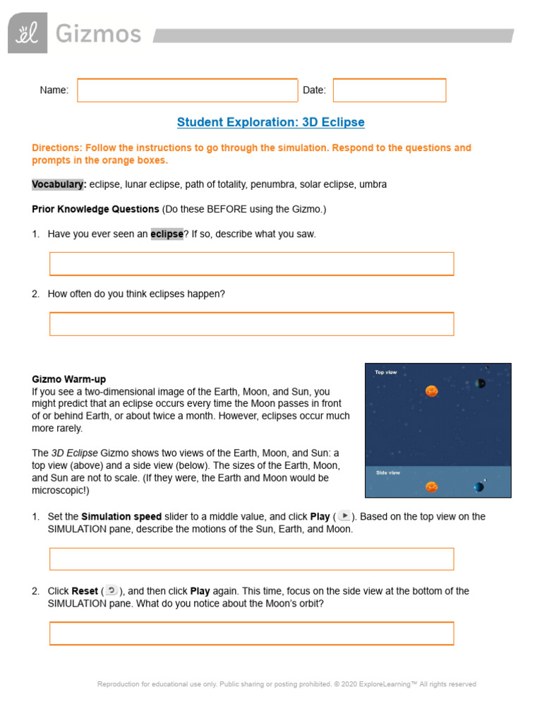 Gizmos Google-3DEclipseSE - Student | PDF | Eclipse | Solar Eclipse