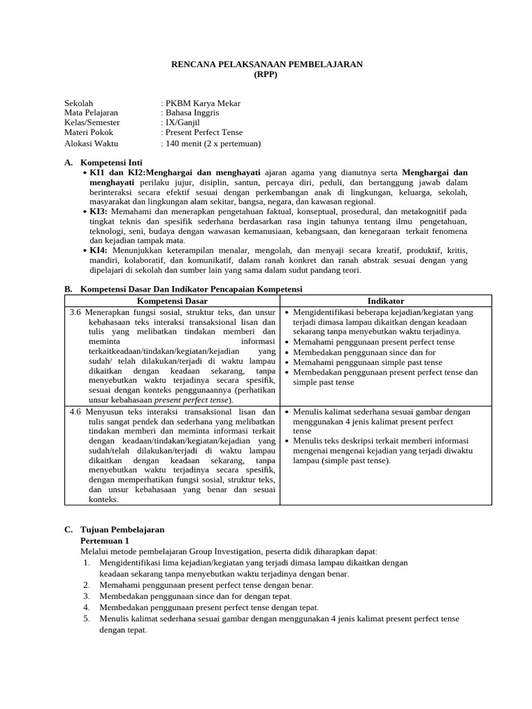 rpp kls 9 tntng perfect tense edit | PDF
