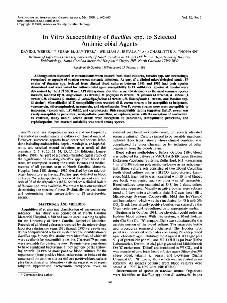 Weber Et Al in Vitro Susceptibility of Bacillus SPP To Selected ...