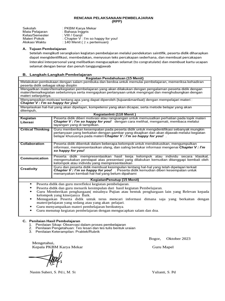 5 rpp B.Ing Kel. 8 Sem .1- | PDF