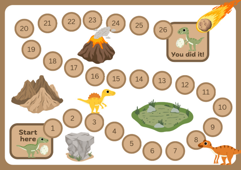 Educational Dinosaur Board Game Worksheet Cute Illustration Style in ...