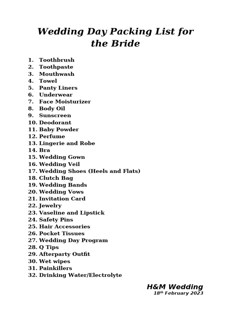 Essential Wedding Day Packing List | PDF
