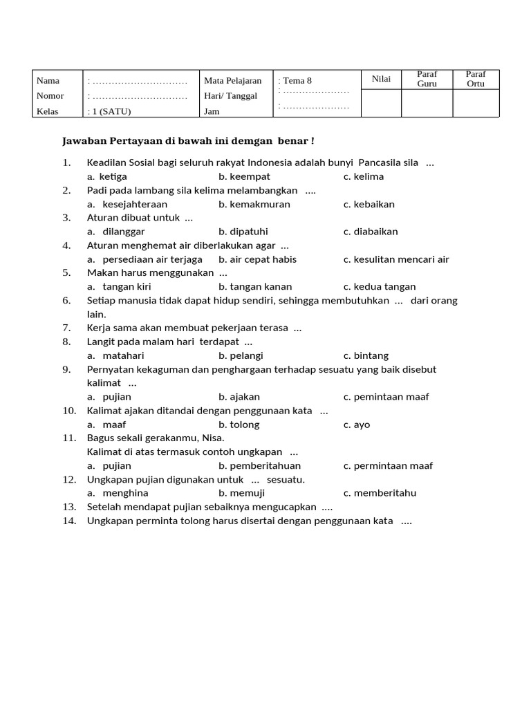 Soal Pat Tema 8 Kelas 1 Kunci Jawaban | PDF