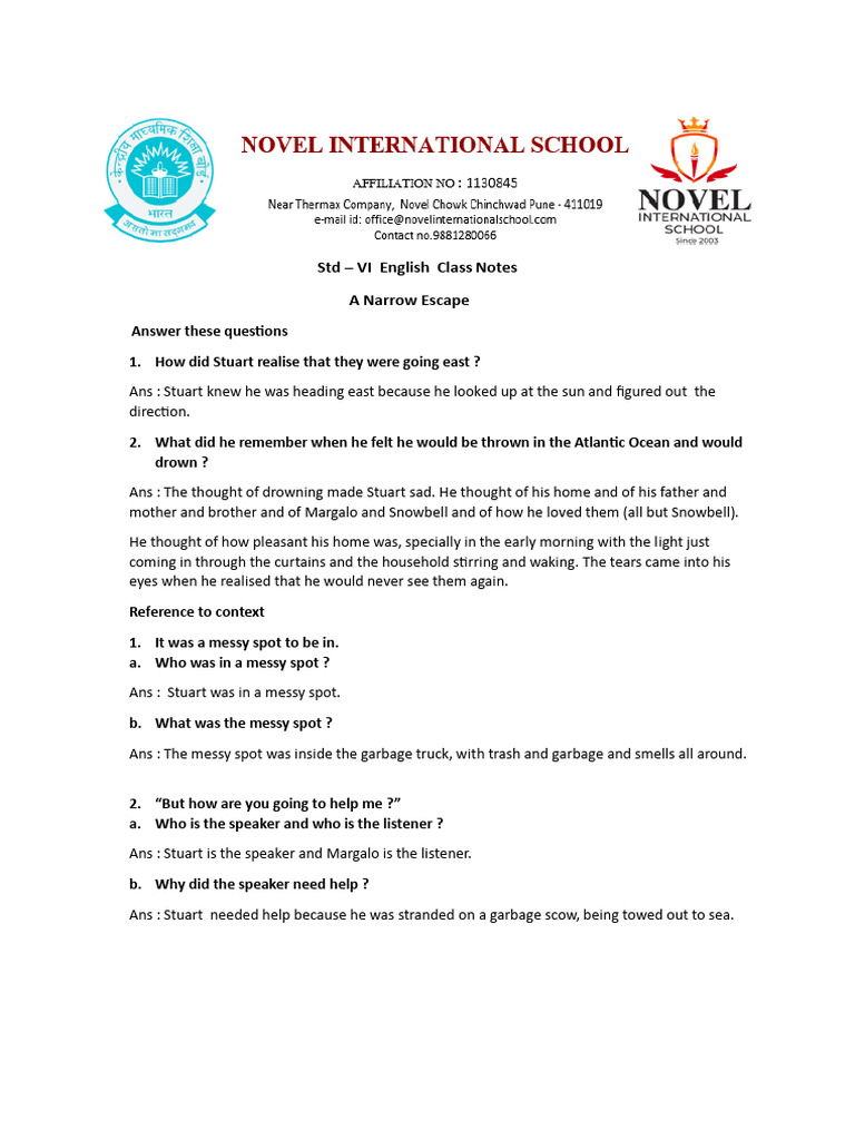 A Narrow Escape Notes STD 6th PDF | PDF