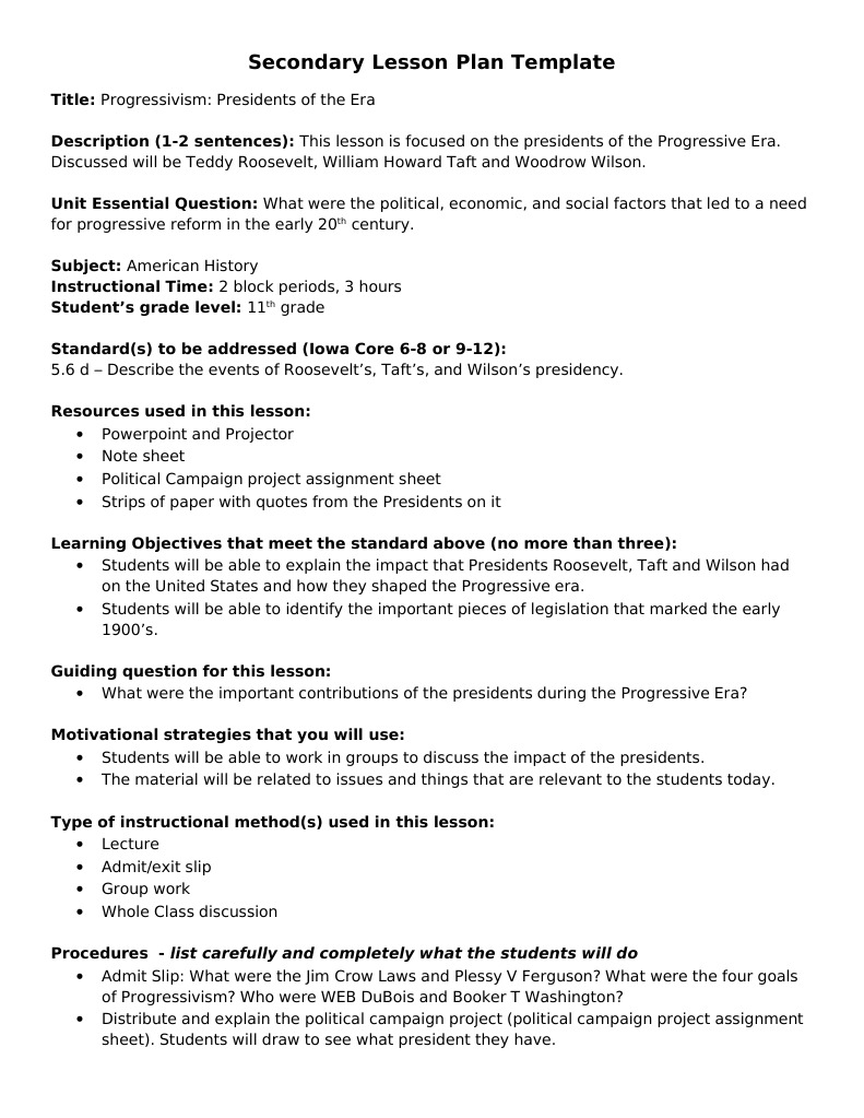 Presidents of The Progressive Era Lesson Plan | PDF | Progressivism ...
