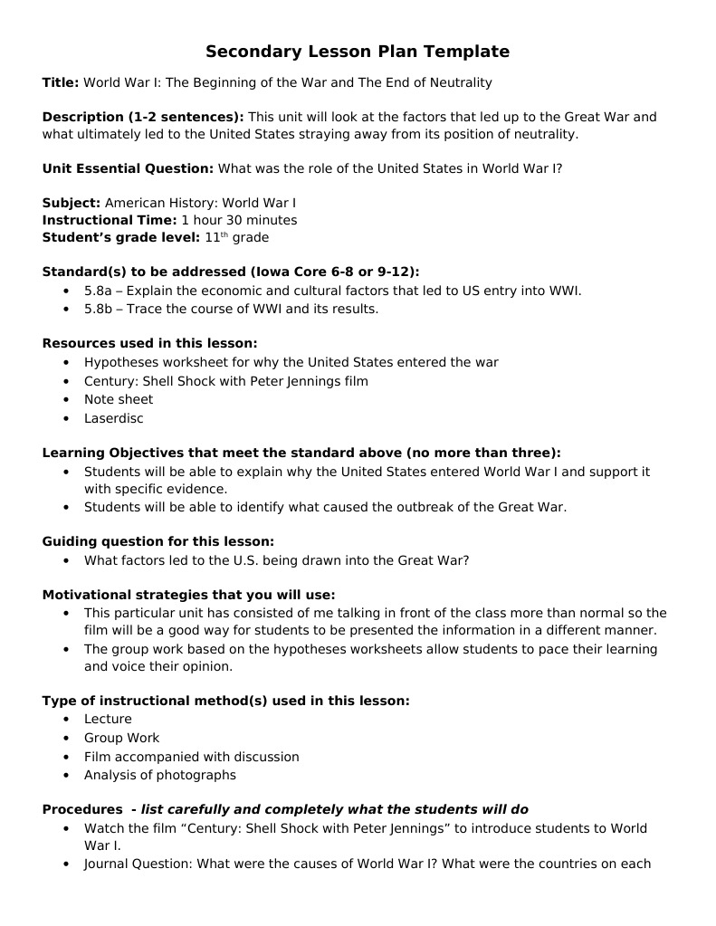 Beginning of WWI and American Neutrality Lesson Plan | PDF | World War ...