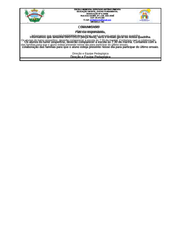 Bilhete Quadrilha Vespertino | PDF