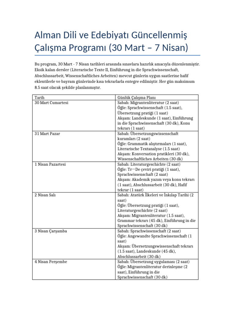 Alman Dili Edebiyati Guncel Plan 30mart 7nisan | PDF