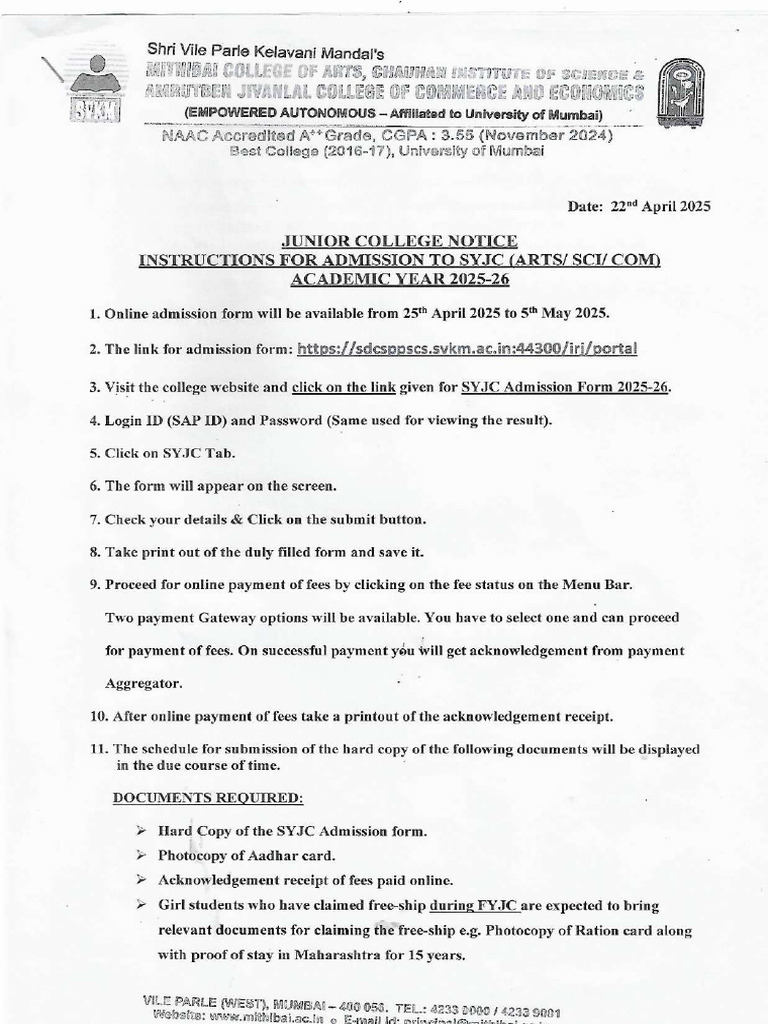 Admission Syjc | PDF
