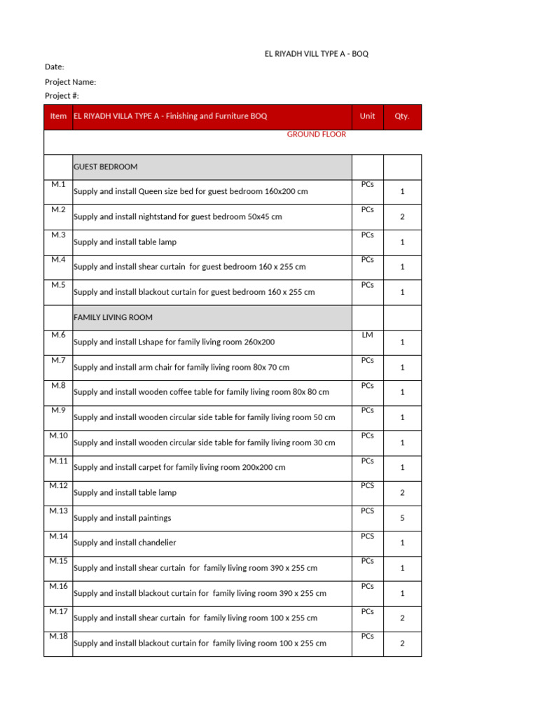 El Riyadh Vill Type A - Boq | PDF | Bedroom | Room