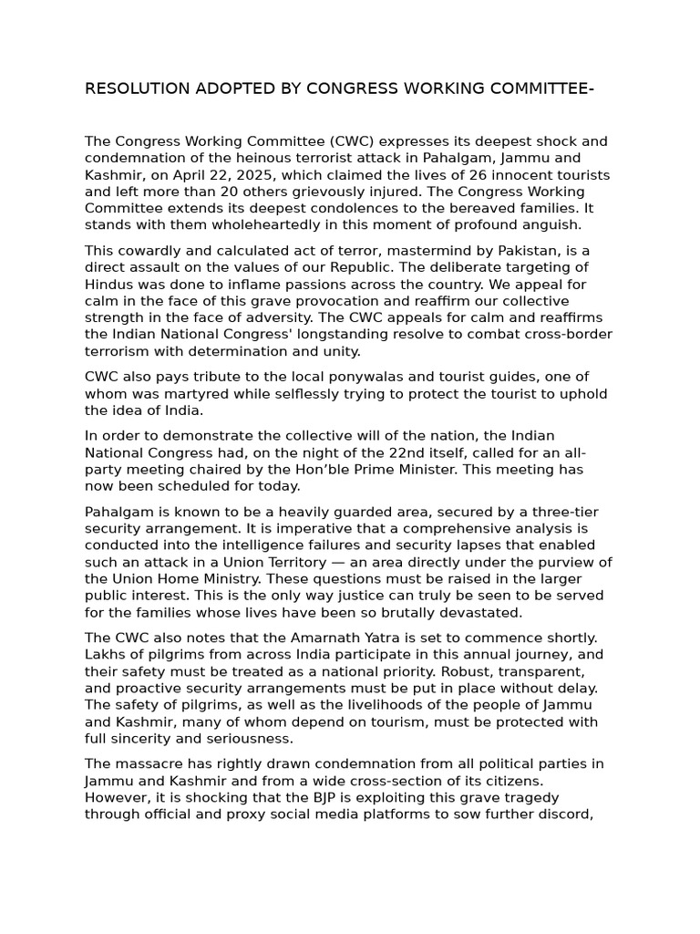 Resolution Adopted by Congress Working Committee | PDF | Human Rights ...