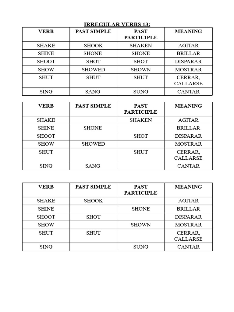 TEST Irregulares - SHAKE - SING | PDF | Language Families | English Grammar
