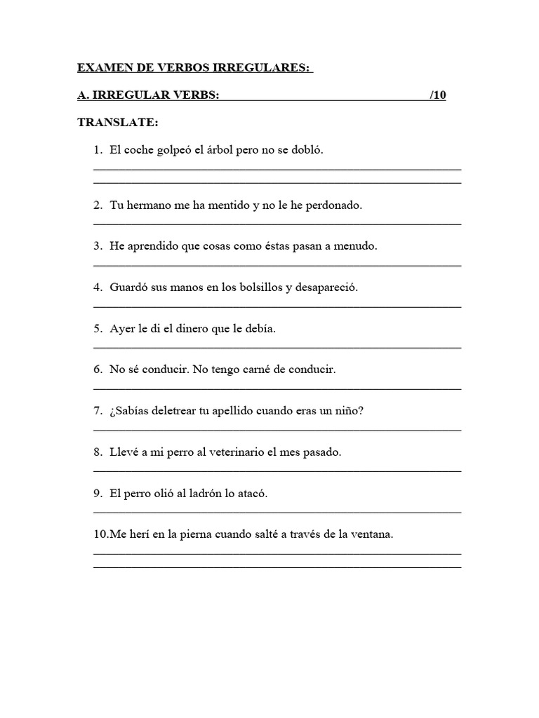 Examen de Verbos Irregulares en Español | PDF | Syntax | Grammar