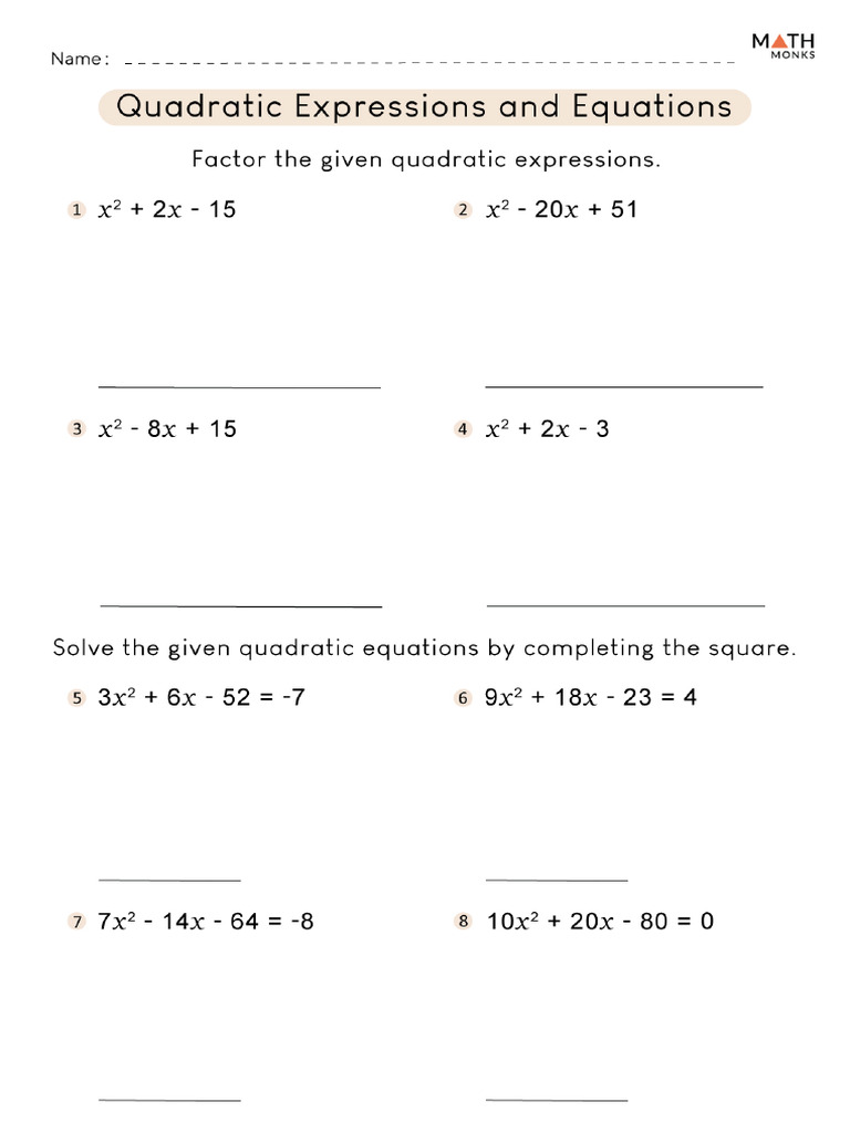 Quadratic Expressions and Equations Worksheet | PDF