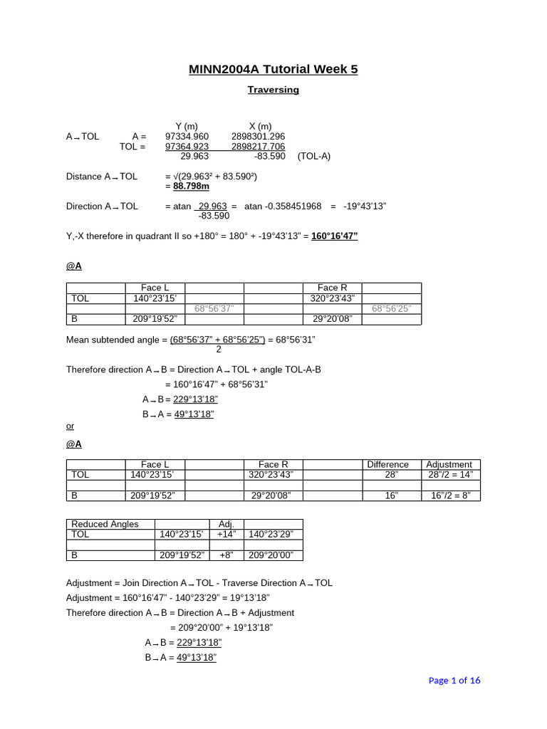 MINN2004A Tutorial Week 5 Traverse Answer 02 | PDF | Angle | Geometric Measurement