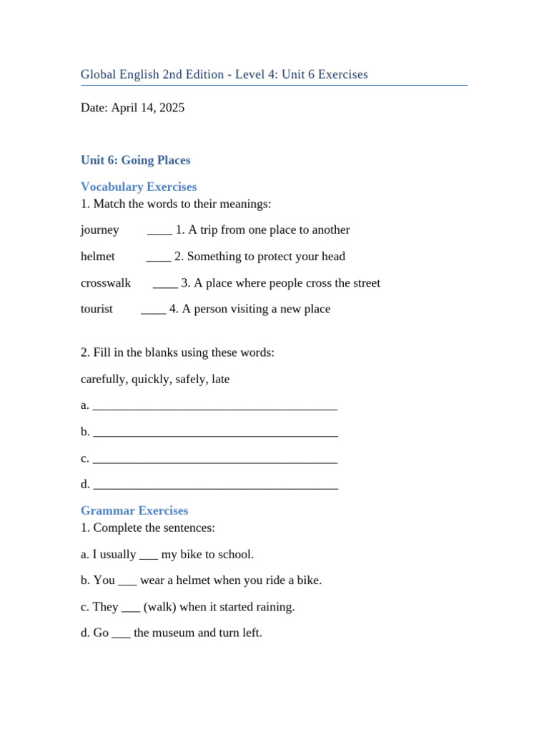 Unit 6 Going Places Exercises | PDF