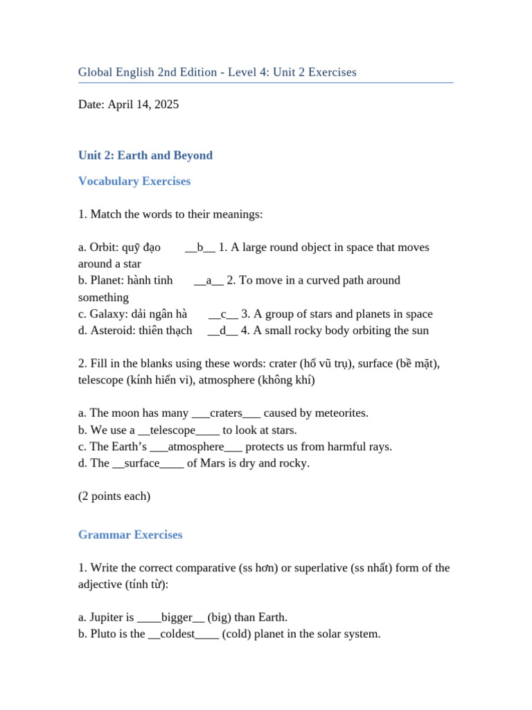 Unit 2 Earth and Beyond Exercises | PDF