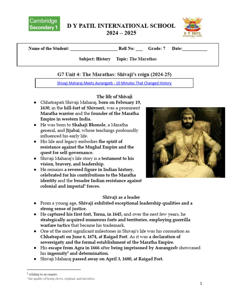 G7 Unit 4 The Marathas Shivaji's Reign 2024-25 | PDF