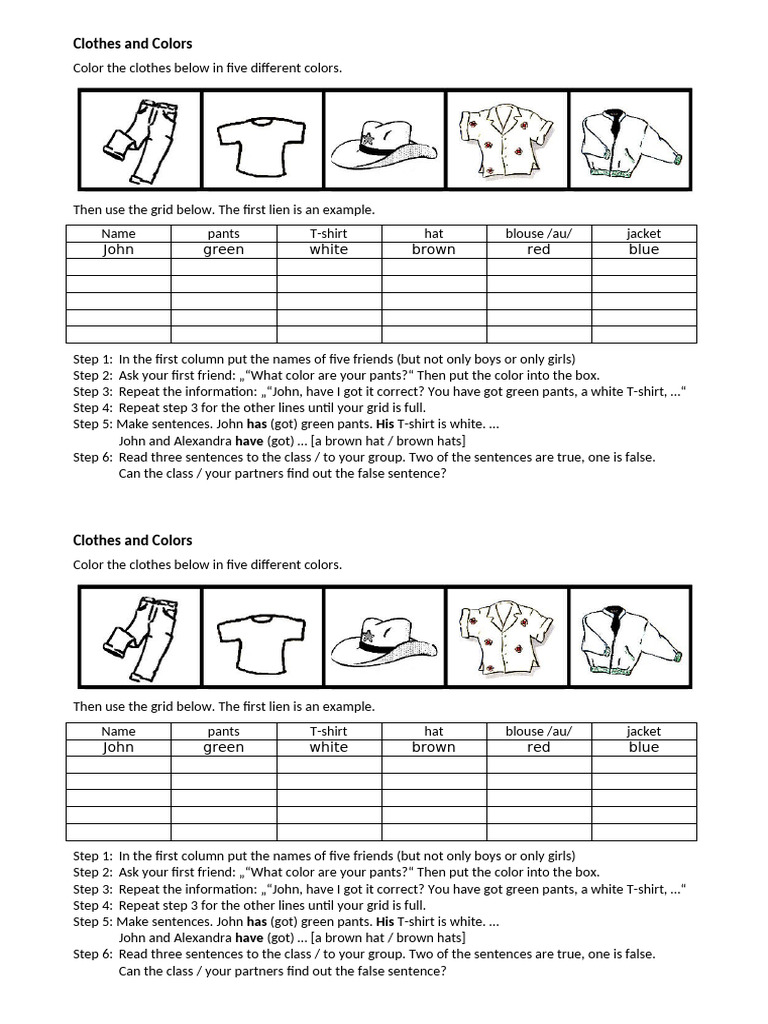 Clothes and Colors (Questionnaire Have - Has) | PDF