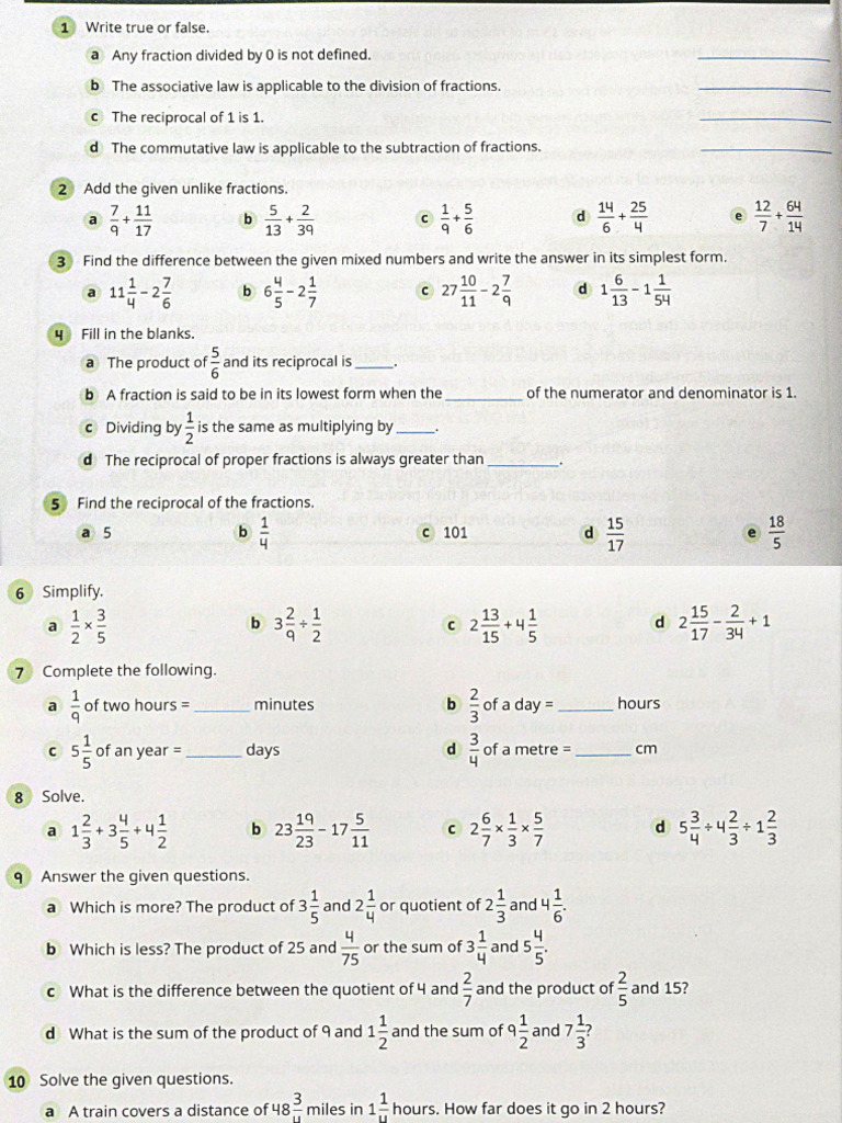 Class 7 Chapter Fractions Worksheet | PDF